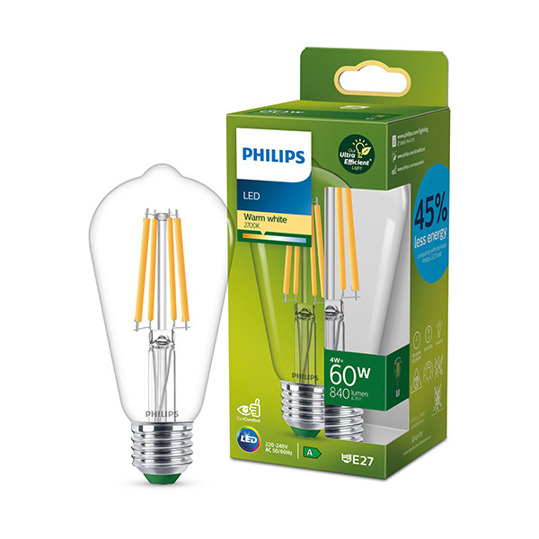 Philips LED lamp E27 | Edison ST64 | Ultra Efficient | Filament | Helder | 2700K 4W (60W ...